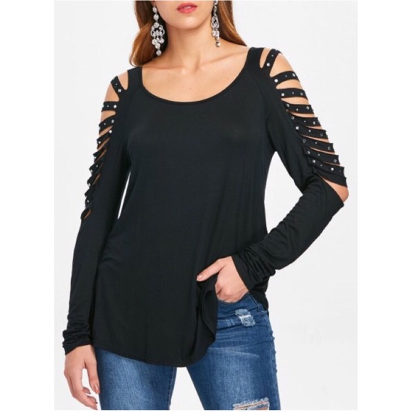 Tops | Black Embellished Ladder Sleeve Tee | Poshmark